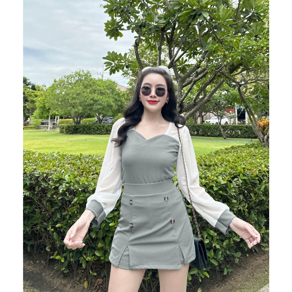 พร้อมส่ง ชุดเซตผ้าวูลเวฟ เสื้อแขนยาวผ้าซีฟองอกทรงหัวใจ+กางเกงกระโปรงแต่งกระดุมไม้ (F72,F73 ...