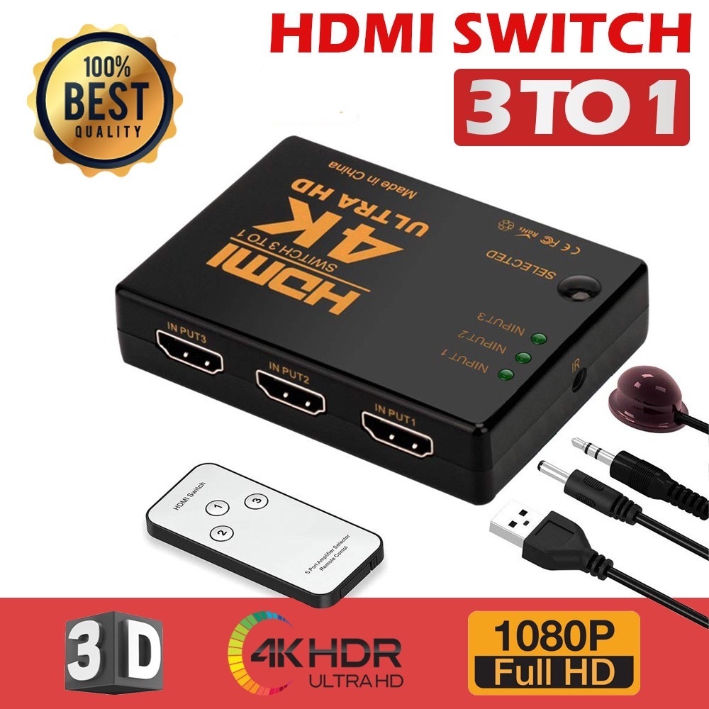 4K 3 in 1 Ports Full HD Remote 1080P 3D HDMI Switch Selector 3 In 1 Out ...