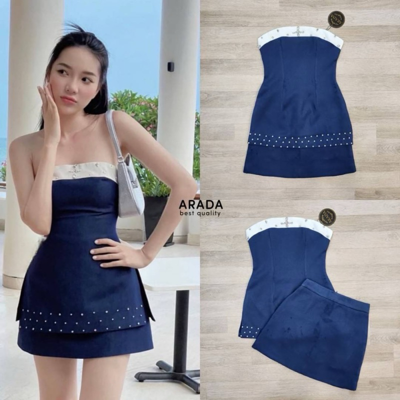 เซตเสื้อเกาะอกสีน้ำเงินแต่งเพชร และกระโปรงสั้น (C741) Arada | Shopee Thailand