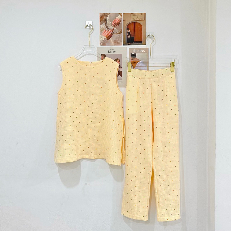 "Sunday set" Set ขายาวลายจุดหลากสีพร้อมส่ง ผ้าสาลูญี่ปุ่น เนื้อนุ่ม ...