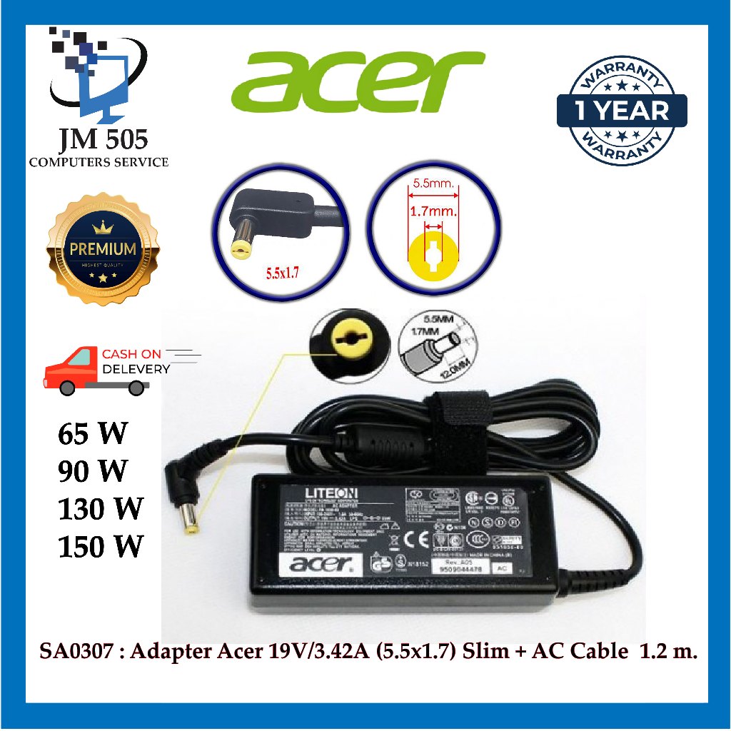 Acer adapter 65W 19V 3.42A ขนาดหัว 5.5mmx1.7mm เกรด OEM สินค้าคุณสมบัติ ...