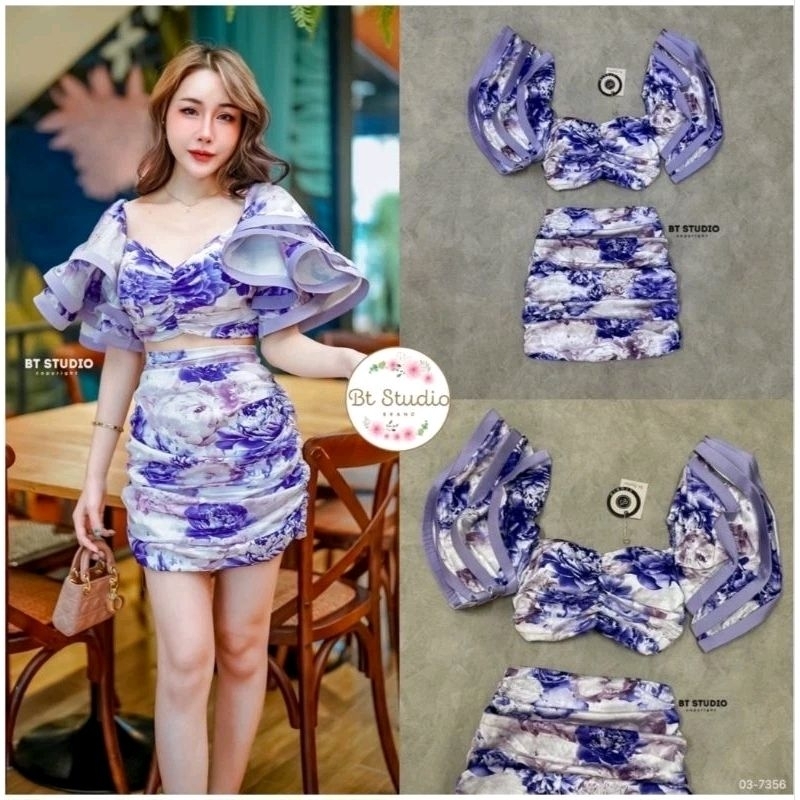 S มือ1 BT studio ชุดเซ็ตเสื้อกระโปรงย่น แต่งแขนระบาย ใส่สวยสุดๆ ป้าย BT studio | Shopee Thailand