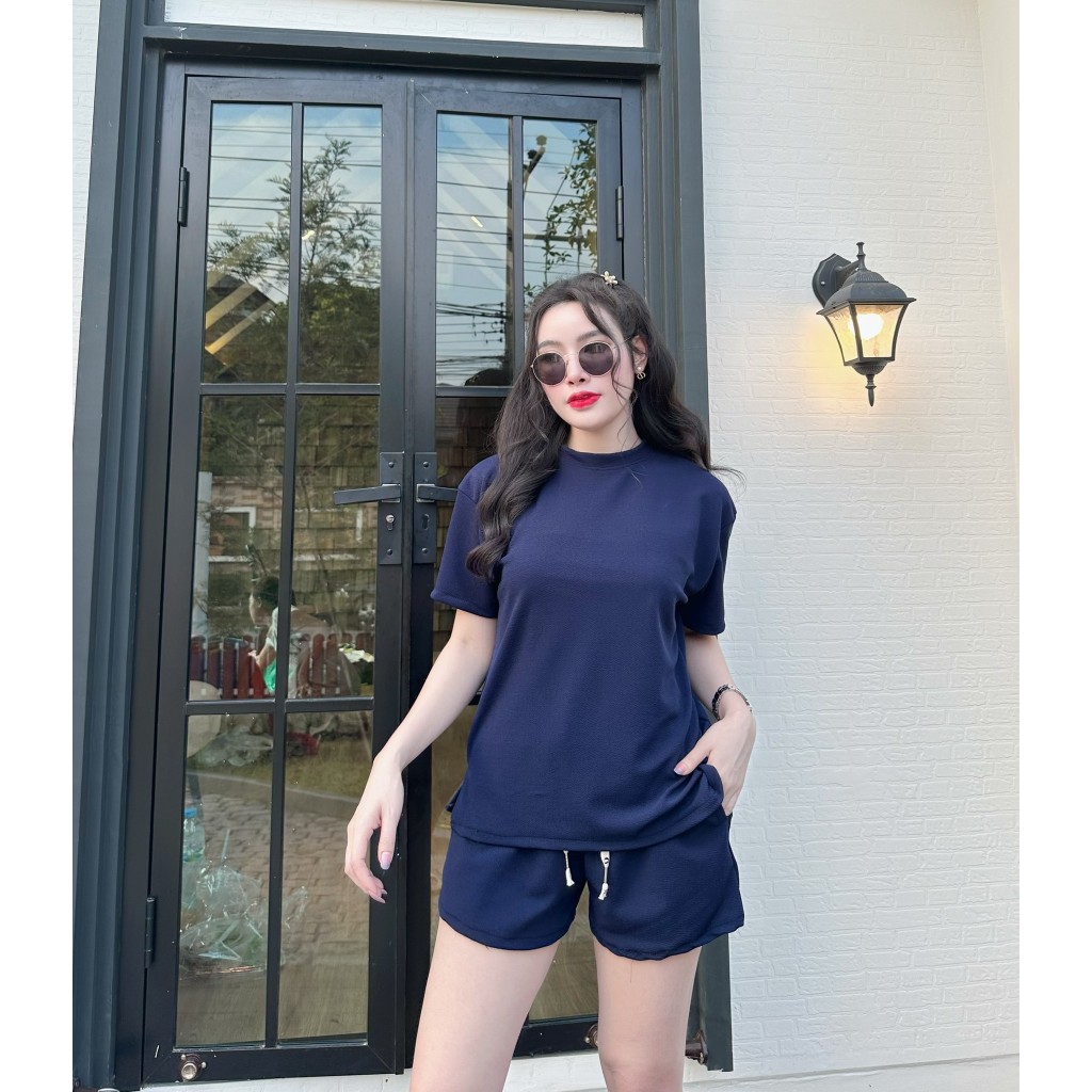 ชุดเซตผ้าวูลเวฟ เสื้อแขนสั้นคอกลม+กางเกงเอวยางยืดเชือกด้านใน (B14,B15) A2239 | Shopee Thailand