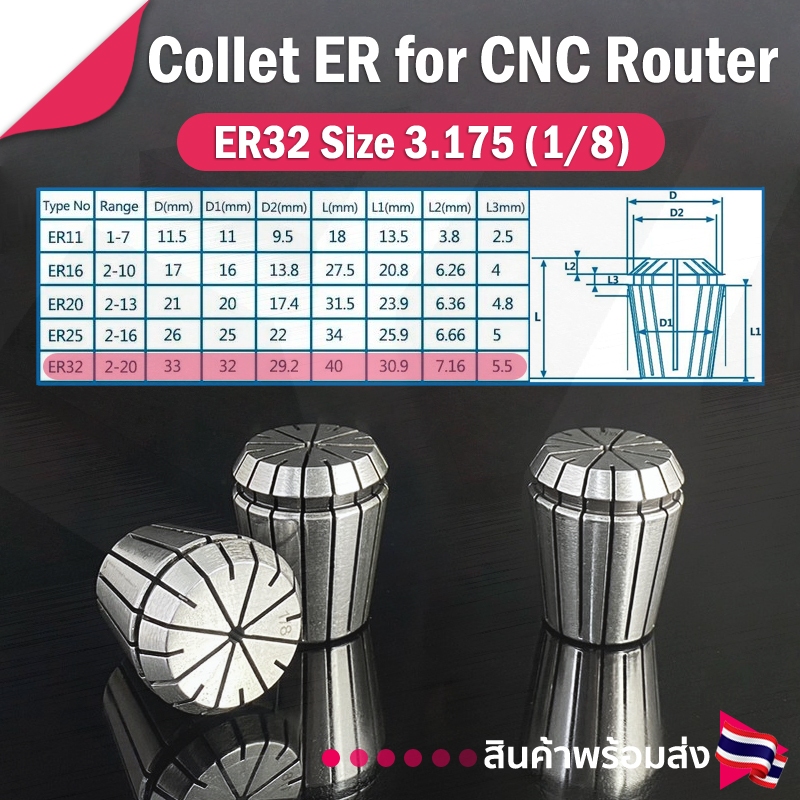 Collet ER25, ER32 ขนาด 1/8" (3.175 มม.) คอลเล็ต ER Spring Collet ลูกคอล ...