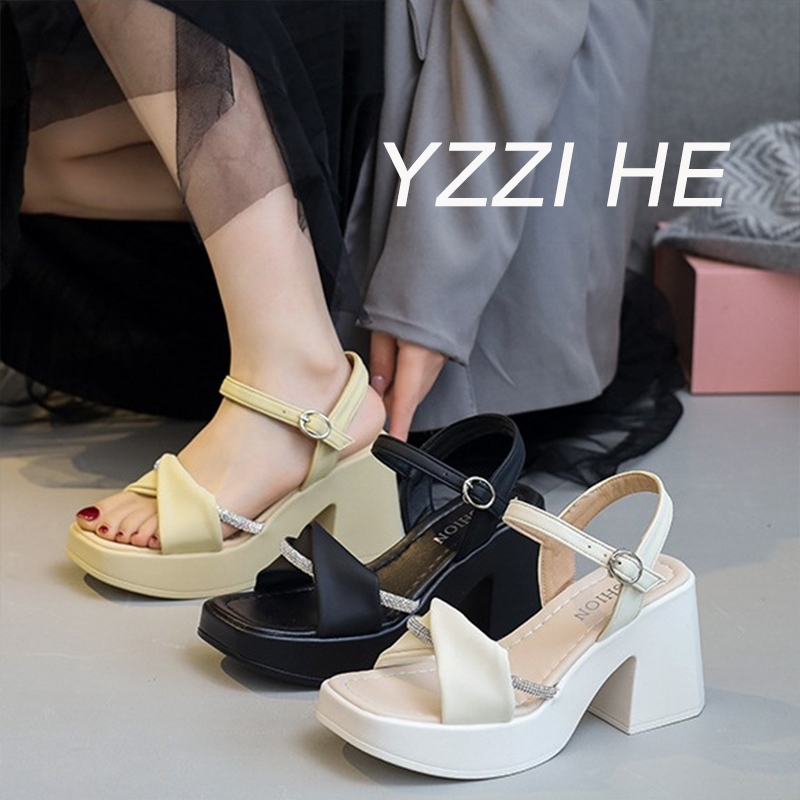 YZZI HE รองเท้าแตะสตรี รองเท้าส้นสูง รองเท้าส้นหนา ทรงตรง สไตล์เกาหลี ...