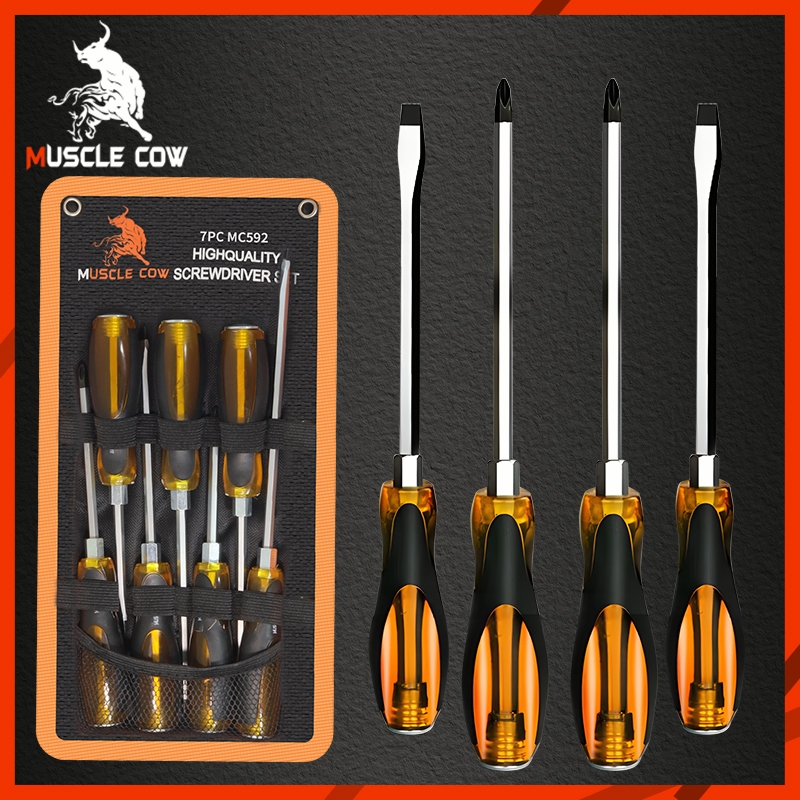 Muscle Cow ชุดไขควงตอก 7ชิ้น เหล็ก CR-V ท้ายตอกได้ หัวแม่เหล็ก ด้ามทะลุ ...