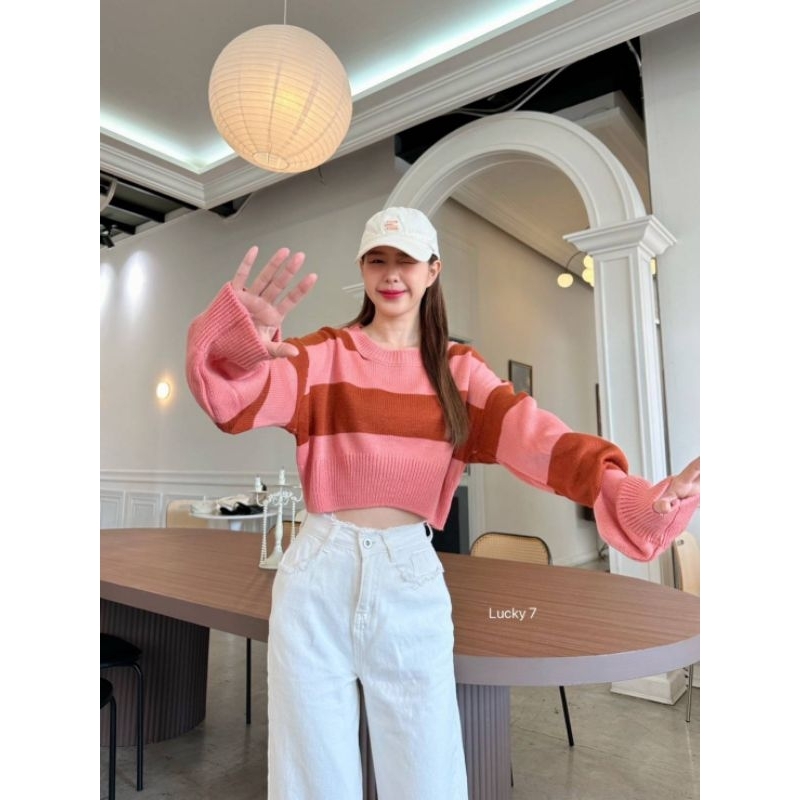 L194.เสื้อครอปไหมพรมแขนยาวทอลายสลับสี น่ารัก | Shopee Thailand