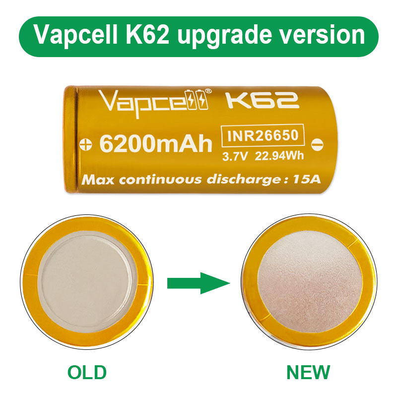 ถ่านชาร์จ Vapcell K62 INR26650 3.7V 6200mAh 15A/25A สีทอง แบบหัวแบน | Shopee Thailand