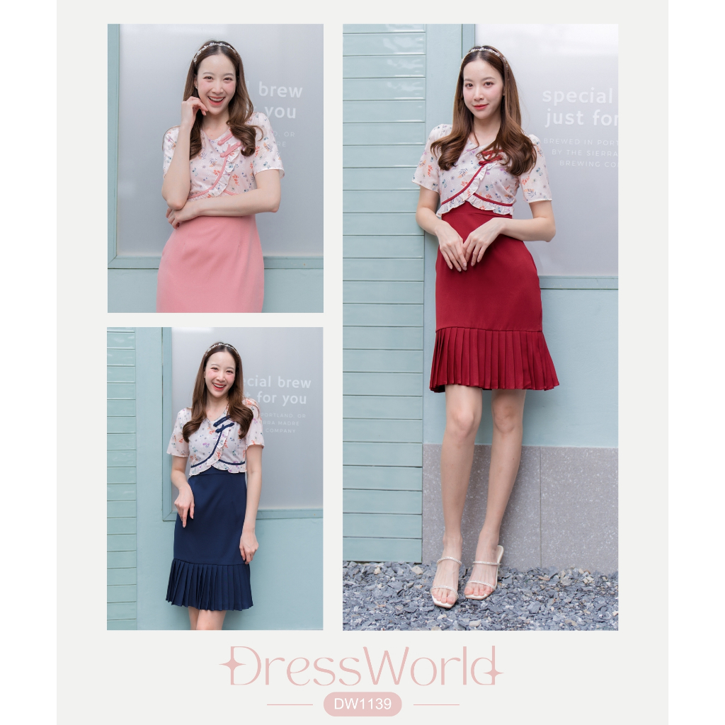 DW1139-NVB DRESS WORLD - 1139 เดรสชายกระโปรงพีชแต่งเสื้อลายชายเสื้อระบาย(ทักแชทเช็คสต็อคก่อนสั่ง ...