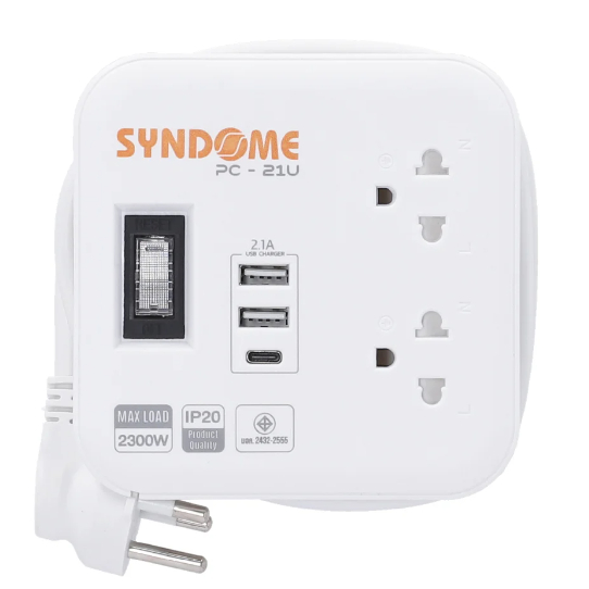 (PC-21U) 1M PLUG (ปลั๊กไฟ) SYNDOME 2 OUTLET 1 SWITCH 2 USB (PC-21U) 1M | Shopee Thailand