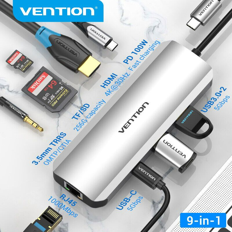 VENTION VT001 Hub 9 In 1 อะแดปเตอร์ฮับ Type C HUB USB C เป็น USB 3.0 ...