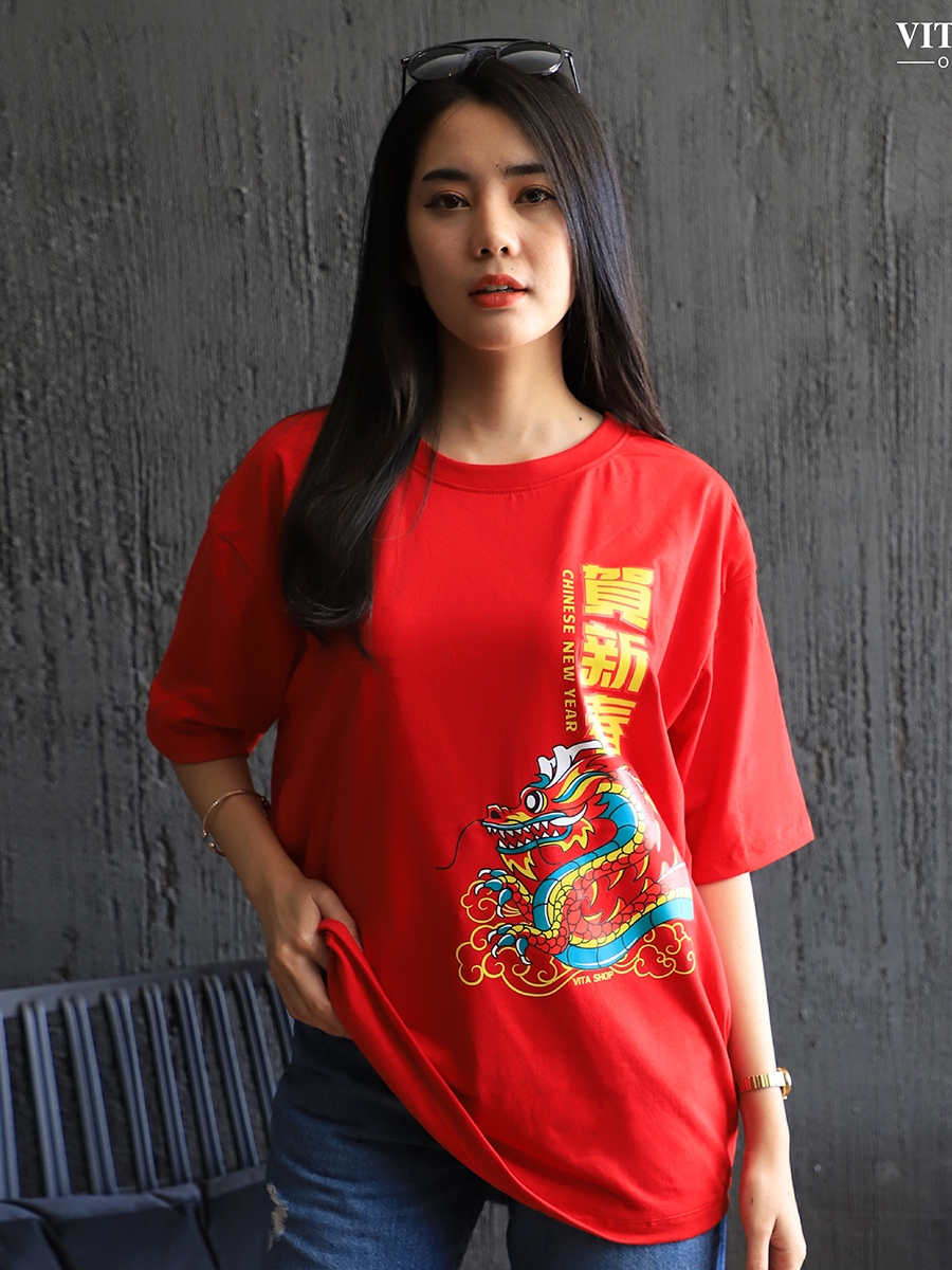 เสื้อตรุษจีนมังกร Happy Chainess new year เสื้อยืดสีแดง ผ้าคอตตอนเนื้อ ...