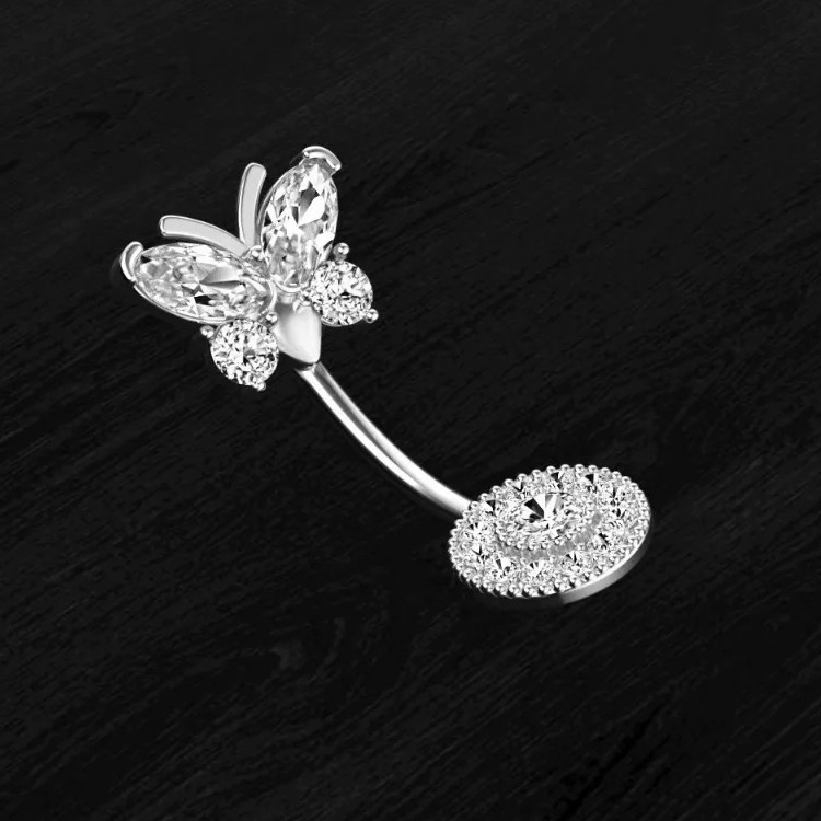 จิวสะดือ Crystal Heart Belly Button Rings Stainless Steel Butterfly Belly Ring Cute Pink Navel ...