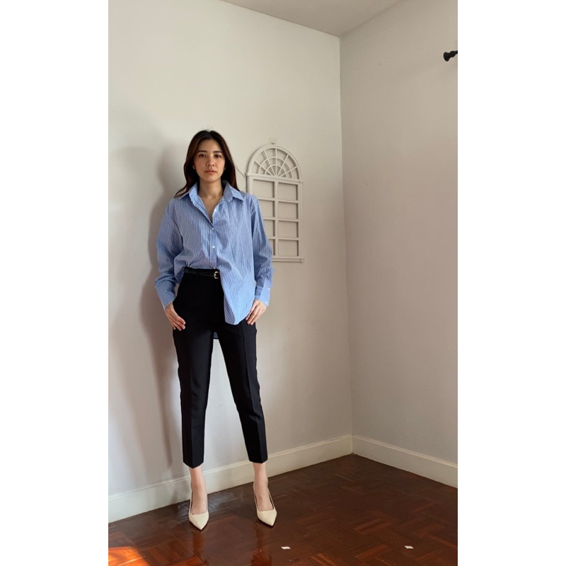 SH3 เสื้อเชิ้ตลายทางพรางหุ่น old moneyผ้าเริ่ดมากแม่ | Shopee Thailand