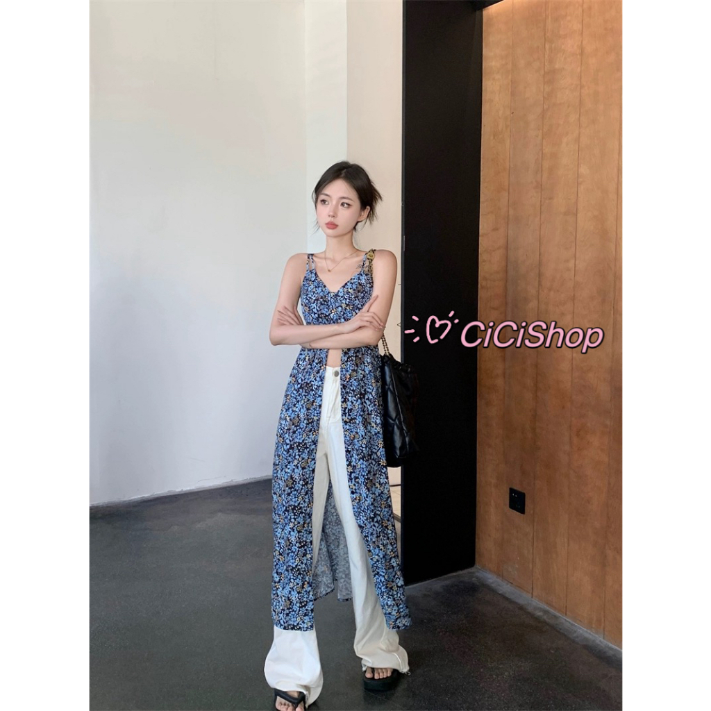 Cicishop(J937)ชุดคลุมสายเดี่ยวแหวกหน้า จั๊มด้านหลัง สายปรับได้ ผ้าพริ้วสบาย สไตล์โบฮีเมียน ...