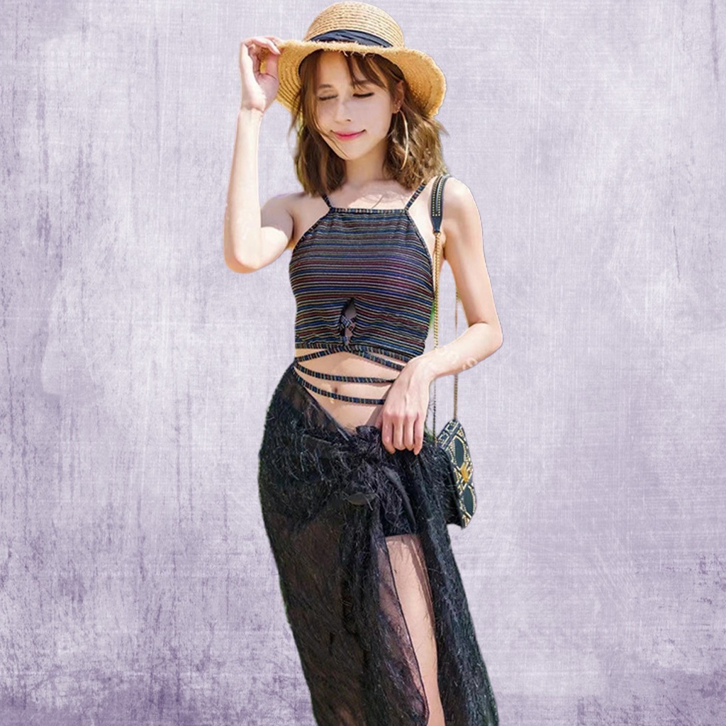 ชุดว่ายน้ำหญิง ทูพีส พร้อมผ้าคลุม ลายโบฮีเมียน สวยเก๋มาก สีดำ รุ่น Q594 | Shopee Thailand