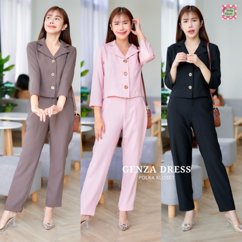 Genza Set เซท (เสื้อกึ่งBlazer+กางเกงเอวสูงเก็บหุ่น) เปิดกระดุมหน้า ใส่ ...