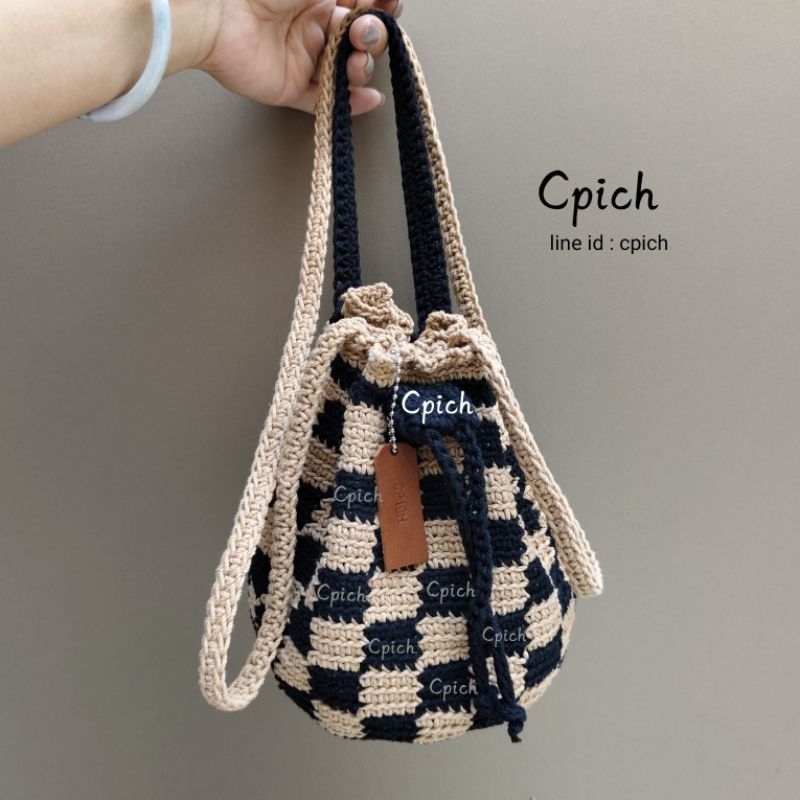 Cpich handcraft กระเป๋าถักโครเชต์ wayuu สไตล์ ทรงจีบ ลายตารางหมากรุก ...