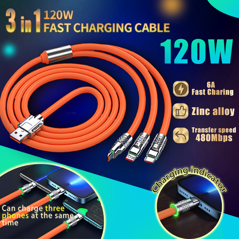 สายชาร์จ 3in1 120W 6A Super Fast Charge TypeC Micro USB ซิลิโคนเหลว ...