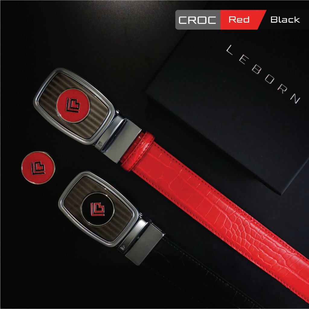 LEBORN Lebelt Croc-rb เข็มขัดตีกอล์ฟ สลับสีแดงดำ ลายหนังจรเข้ | Shopee ...