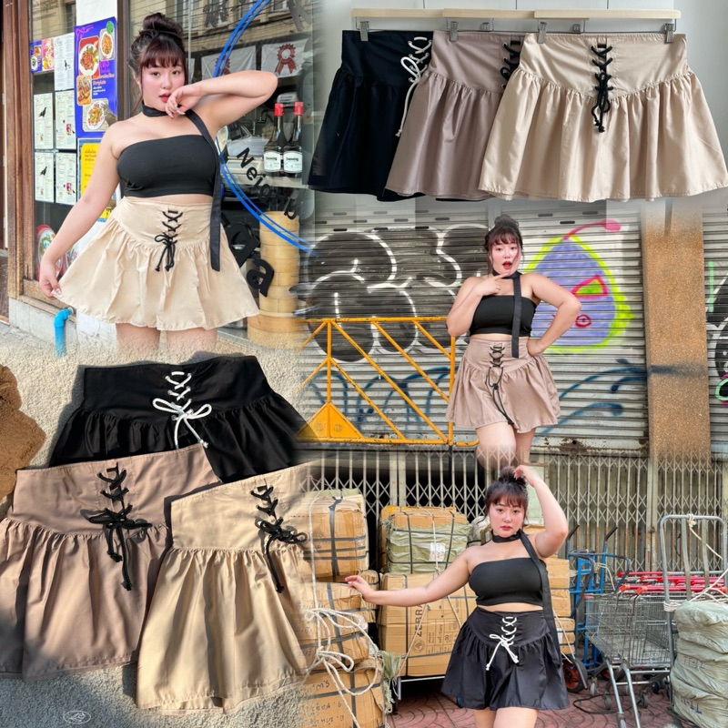 พร้อมส่ง กระโปรงทรงสวิงแต่งเชือกสานด้านหน้า เอว32-46นิ้ว (มีไซซ์) plussize | Shopee Thailand