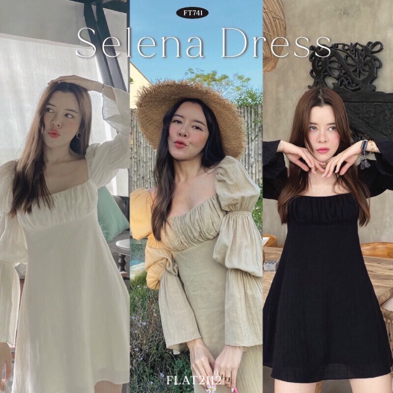 ส่งต่อ size M S สีครีม สีขาว แดง FLAT2112 FT741 : SELENA DRESS เดรสสั้น แขนสม็อคคอตตอน พร้อมส่ง ...