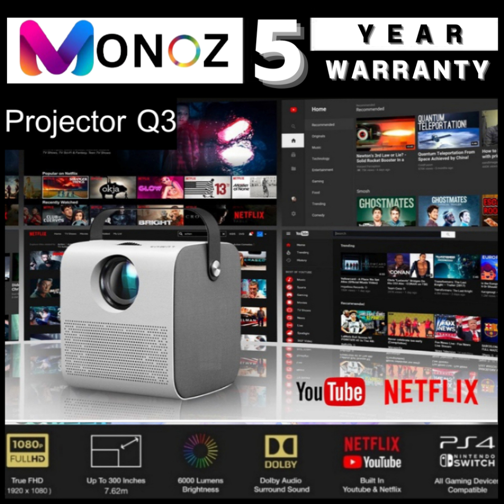 Monoz โปรเจคเตอร์ Android Full HD 4K Q3 Pro 1080P โปรเจคเตอร์บลูทูธ ...