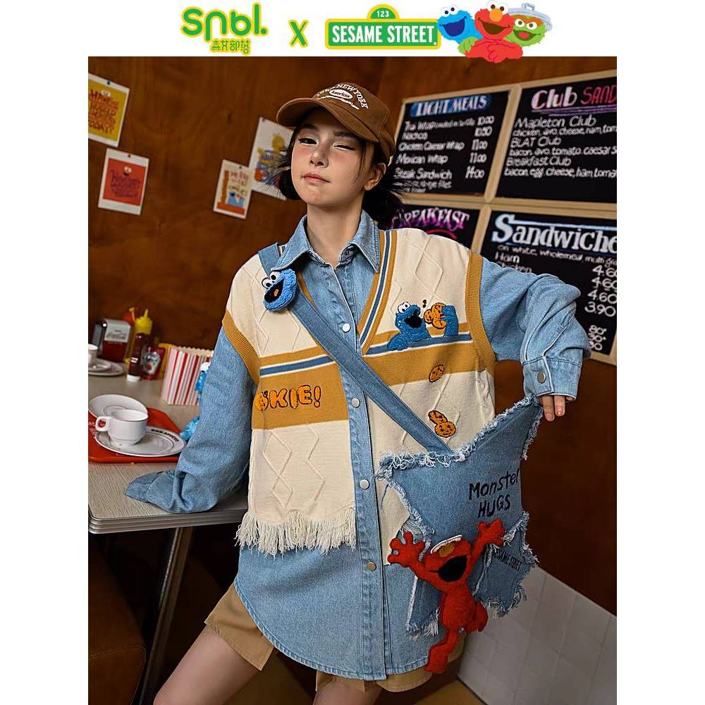 [ ️Pre-order ส่งใบสั่งซื้อก่อน EMS ตาม]Snbl x Sesame Street เสื้อแจ็คเก็ตยีนส์ คุกกี้ เซซามี่ ...