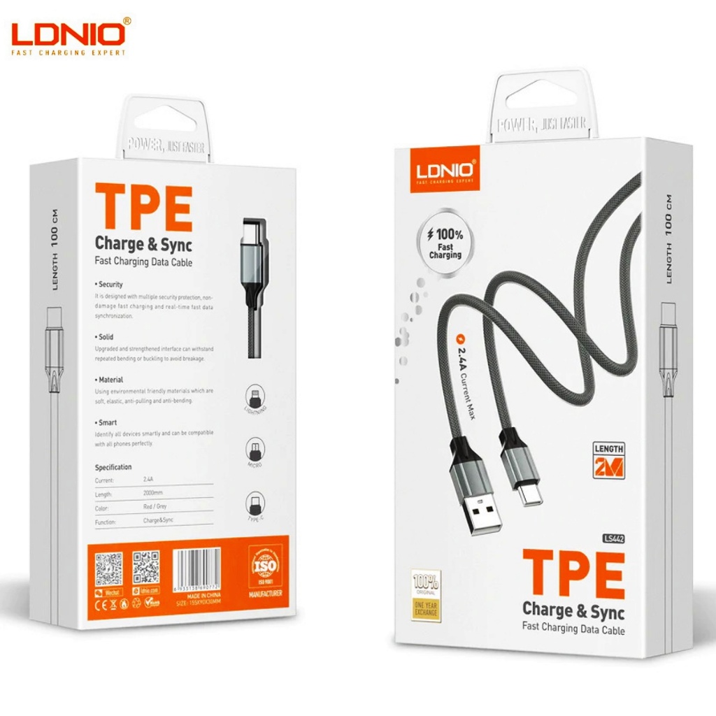 LDNIO สายชาร์จยาว 2 เมตร รุ่น LS442 / 2.4A Fast Charge สำหรับ IOS ...