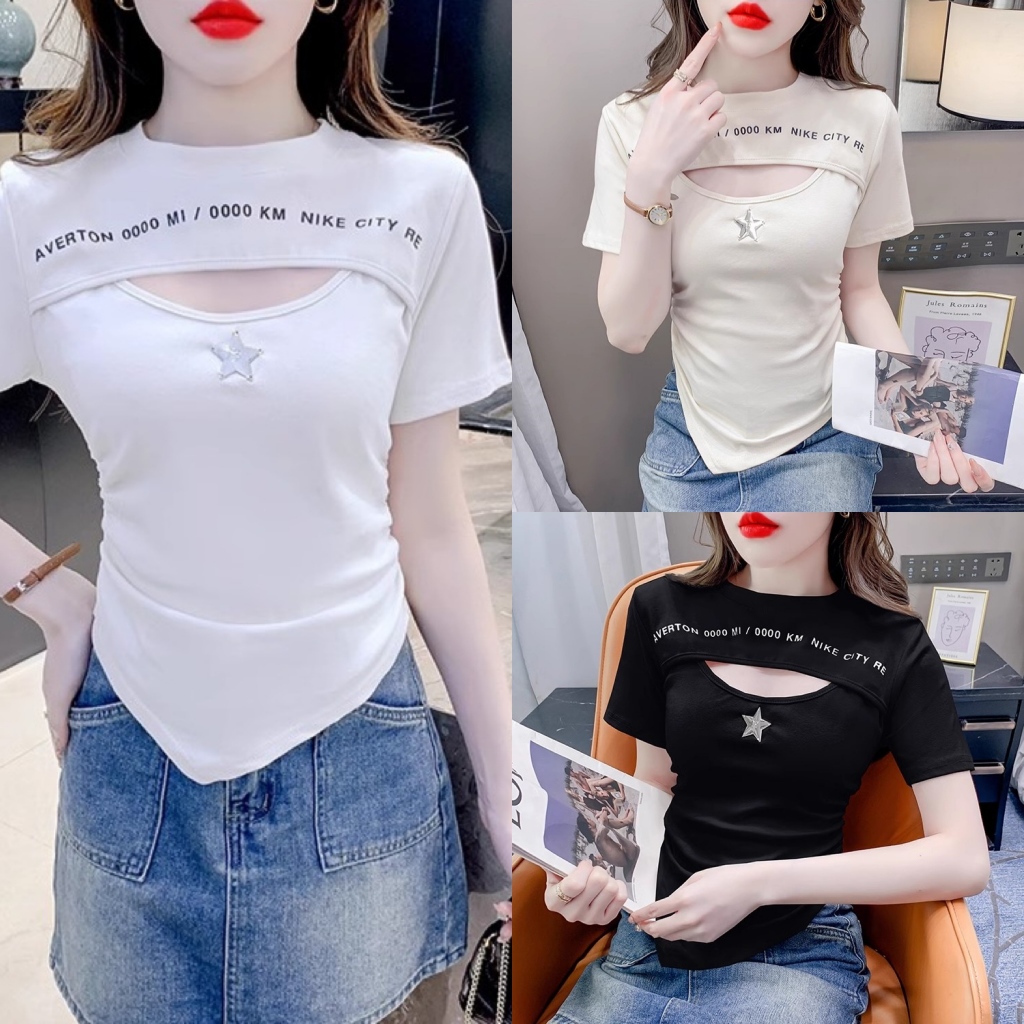 GHAOHES ไม่ปกติ แน่น กลวงออก แขนสั้น เสื้อยืด พิมพ์ตัวอักษร รุ่นสั้น ท็อปส์ | Shopee Thailand