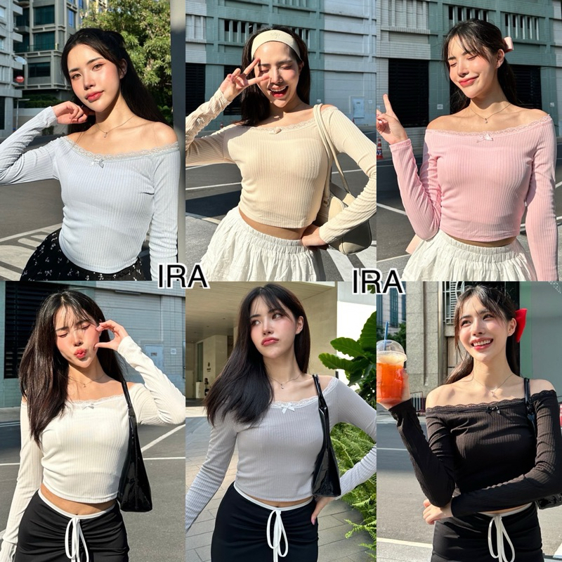 BY IRA 💕พร้อมส่ง💕(23097) Kersty Topเสื้อยืดแขนยาว สีทึบเปิดไหล่เซ็กซี่ ...