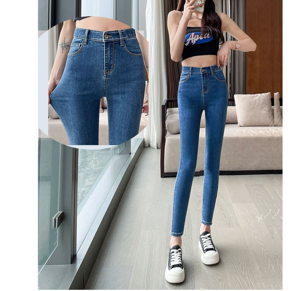 GHAOHESกางเกงยีนส์ยืด ไซส์S-5XL สีฟ้ายืดหยุ่นสูง เอวสูง สลิมฟิต คลุมท้อง ทรงดินสอ ทรงสวย พร้อม ...