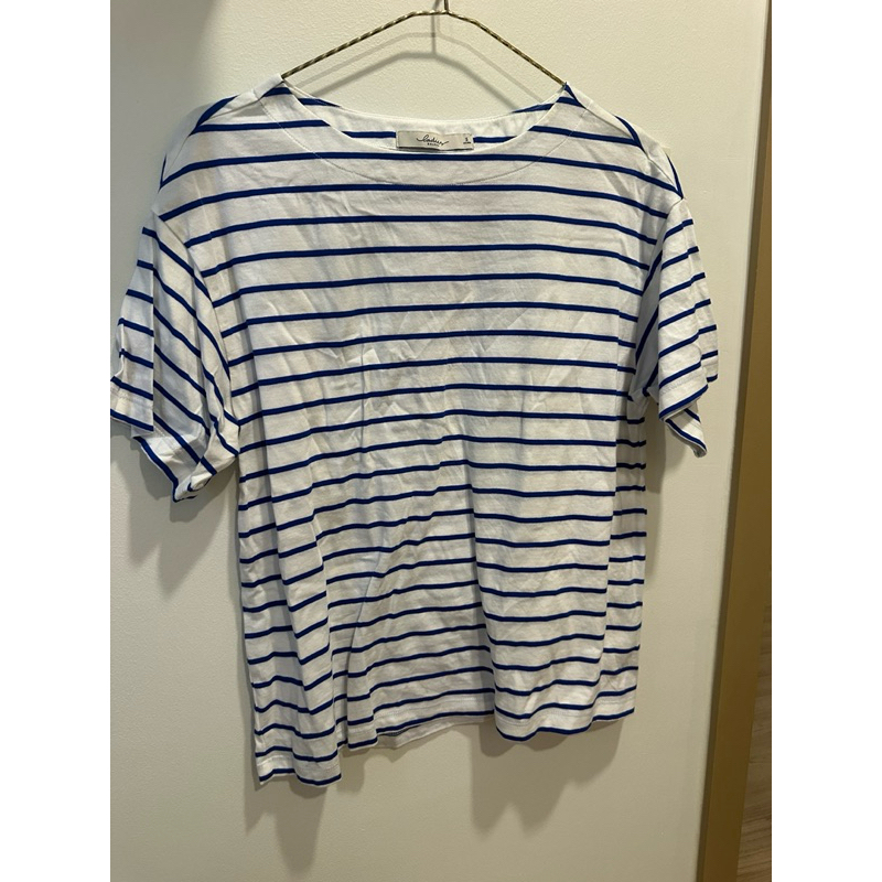 เสื้อยืดแขนสั้น ลายทาง ฟ้า ขาว size s แบรนด์ ladies baleno ยาว 57 ซม อก ...