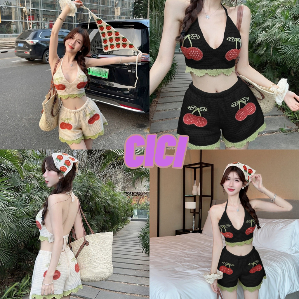 Cici(No.TZ503)set 2 ชิ้น ถักไหมพรม เสื้อ+กางเกงขาสั้น ตกแต่งเชอร์รี่ ดีเทลระบายหยัก ใส่สบาย ...
