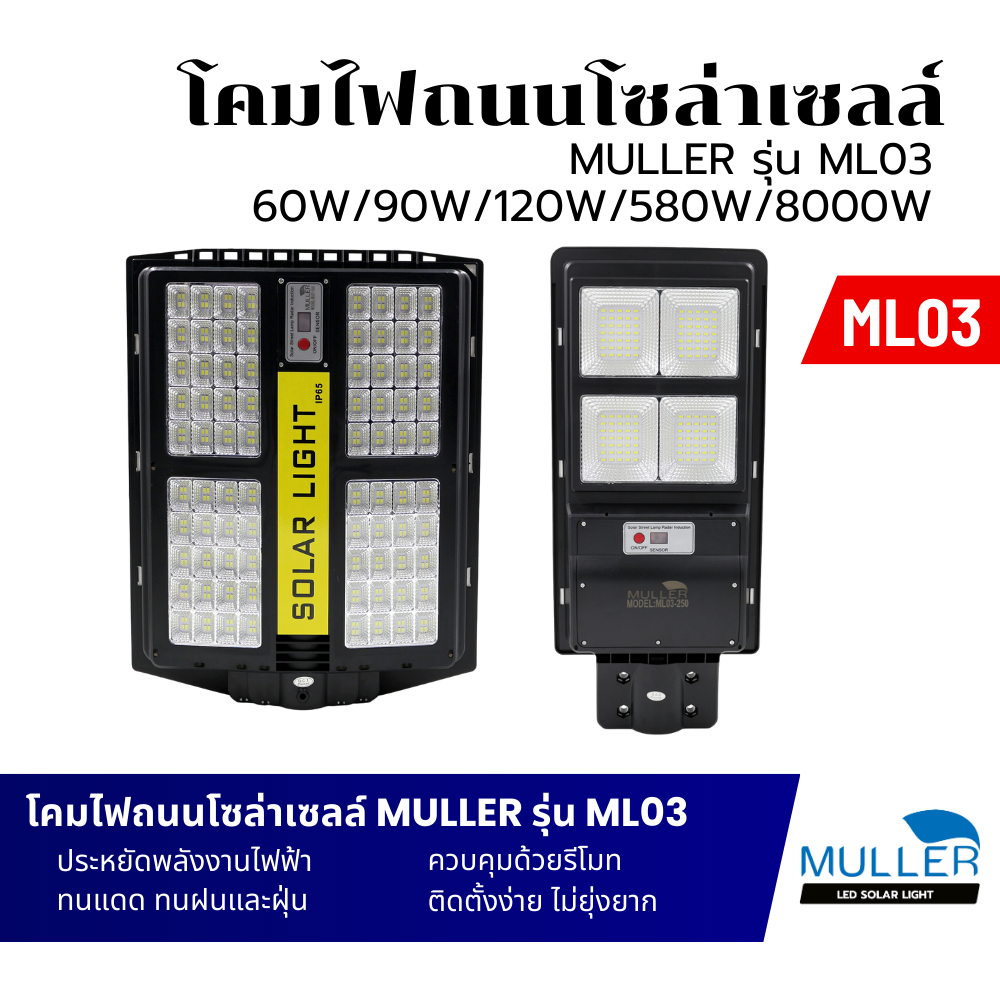 โคมไฟถนนโซล่าเซลล์ MULLER รุ่น ML03-60w/90w/120w/580w/800w ติดตั้งง่าย ...