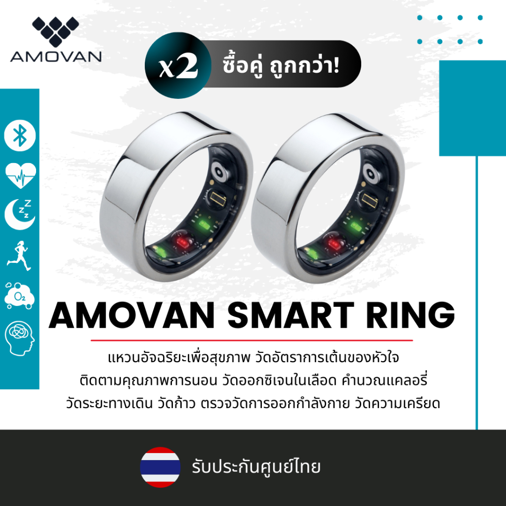 Amovan Smart Ring (สีเงิน) แหวนอัจฉริยะเพื่อสุขภาพ วัดอัตราการเต้นหัวใจ ออกซิเจนในเลือด คุณภาพ ...
