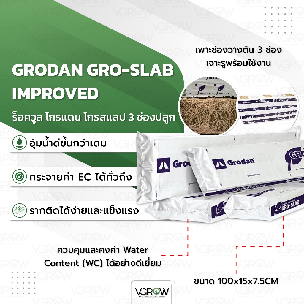 Grodan Gro-Slab Improved ร็อควูล โกรแดน สแลป 3 ช่องปลูกขนาด 100x15x7 ...