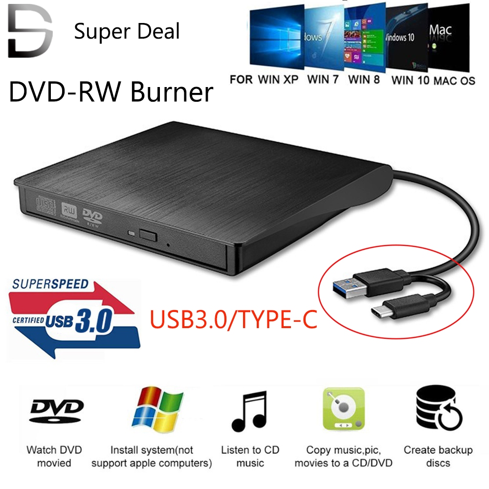 USB 3.0 /TYPE-C Dual Interface Ultra Slim External DVD-RW Burner/CD ...