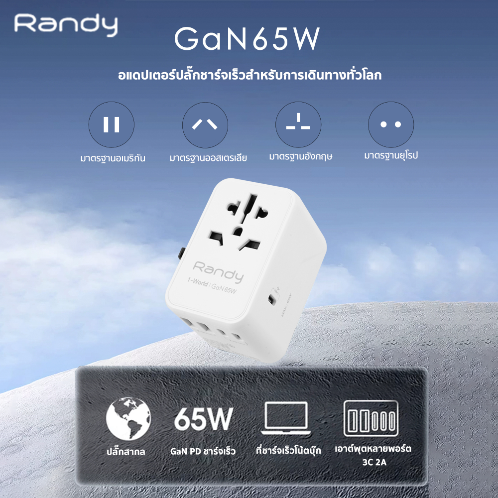 [แถมสายชาร์จ 2 เส้น]RANDY GaN65W & GaN20W หัวแปลงปลั๊กไฟ Universal ...