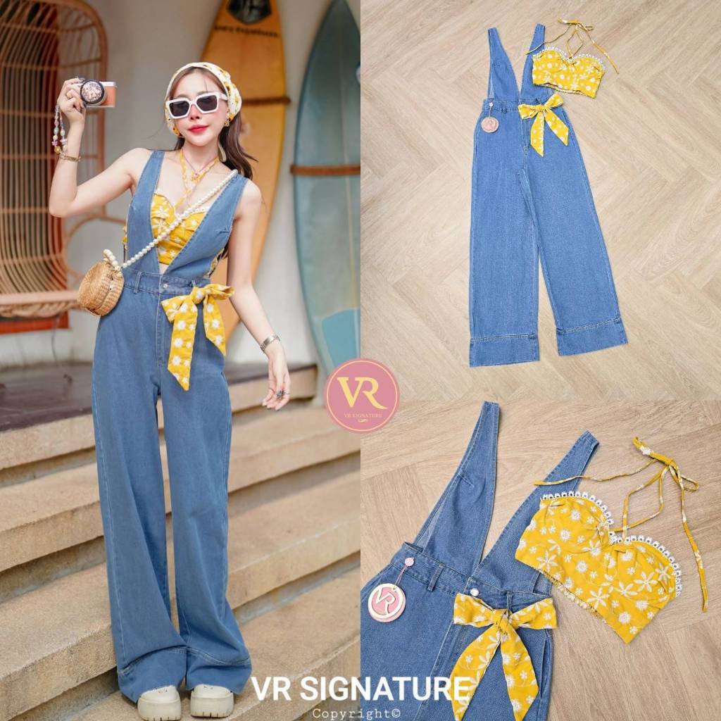VORA Set เอี๊ยมยีนส์ขายาว มาพร้อมเสื้อครอปผูกคอ แต่งขอบลูกไม้ | Shopee Thailand