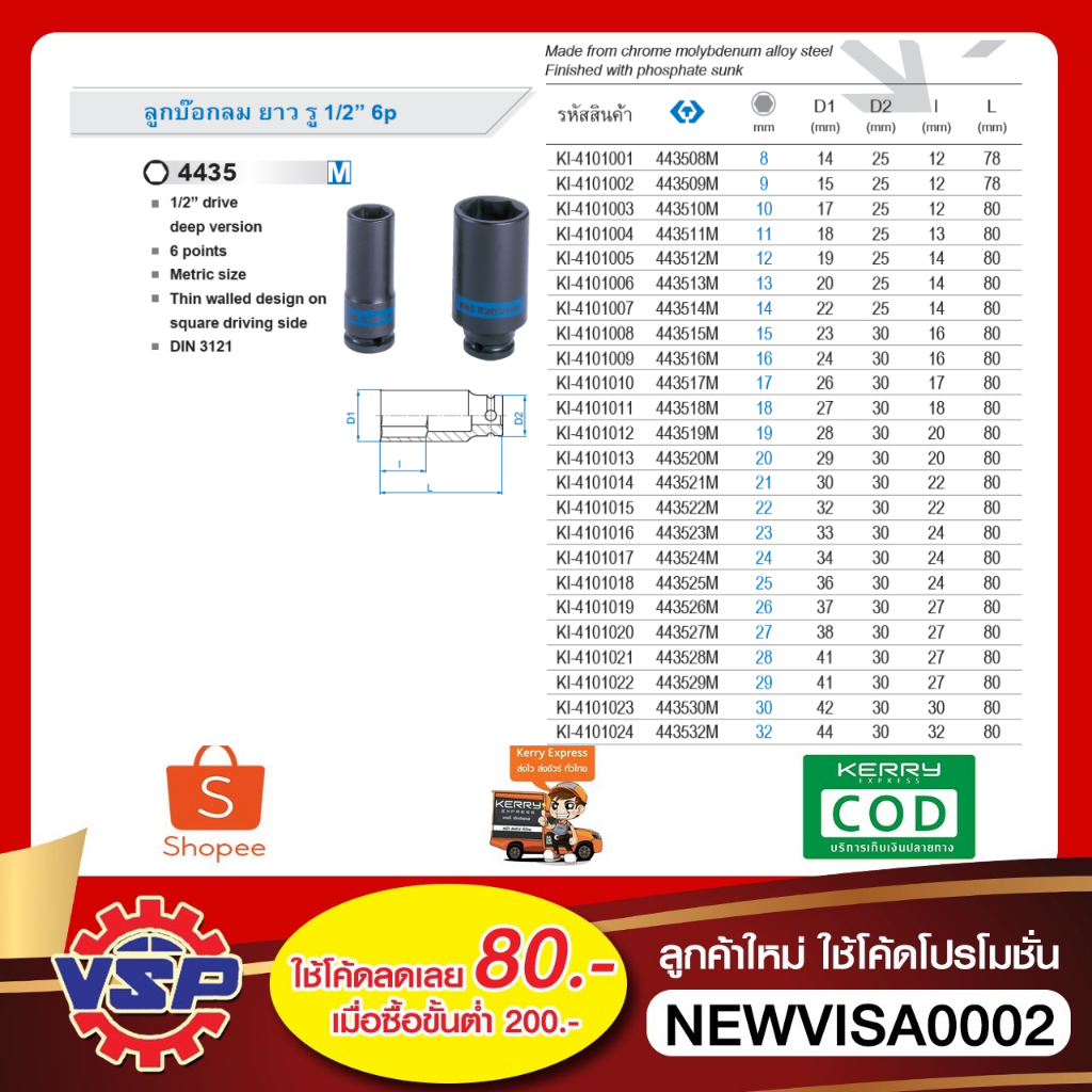 KINGTONY ลูกบ๊อก ยาว สีดำ รู 1/2” 6p เบอร์ 8 - เบอร์ 32 ของแท้100% | Shopee Thailand