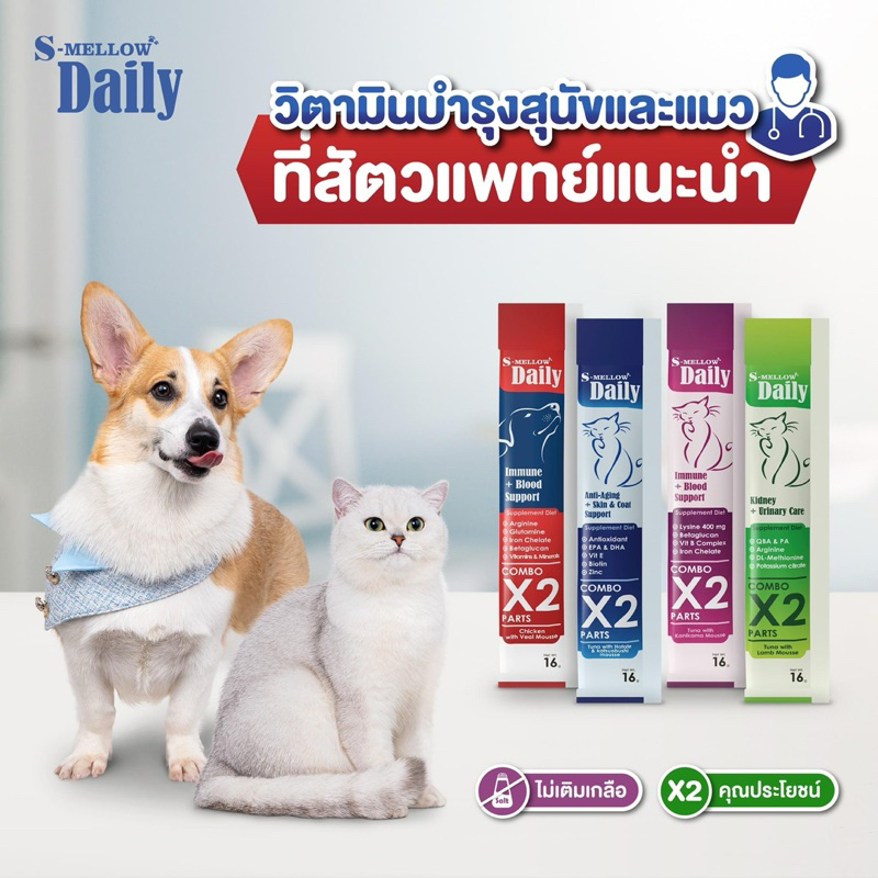 ( 1 ซอง 16 กรัม )) S-mellow Daily อาหารเสริมวิตามินแมวเลีย-สุนัขเลีย ...