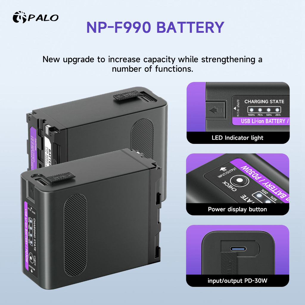 PALO แบตเตอรี่ NP-F990 แบตเตอรี่พร้อมไฟแสดงสถานะ สำหรับ Sony F980 F970 ...