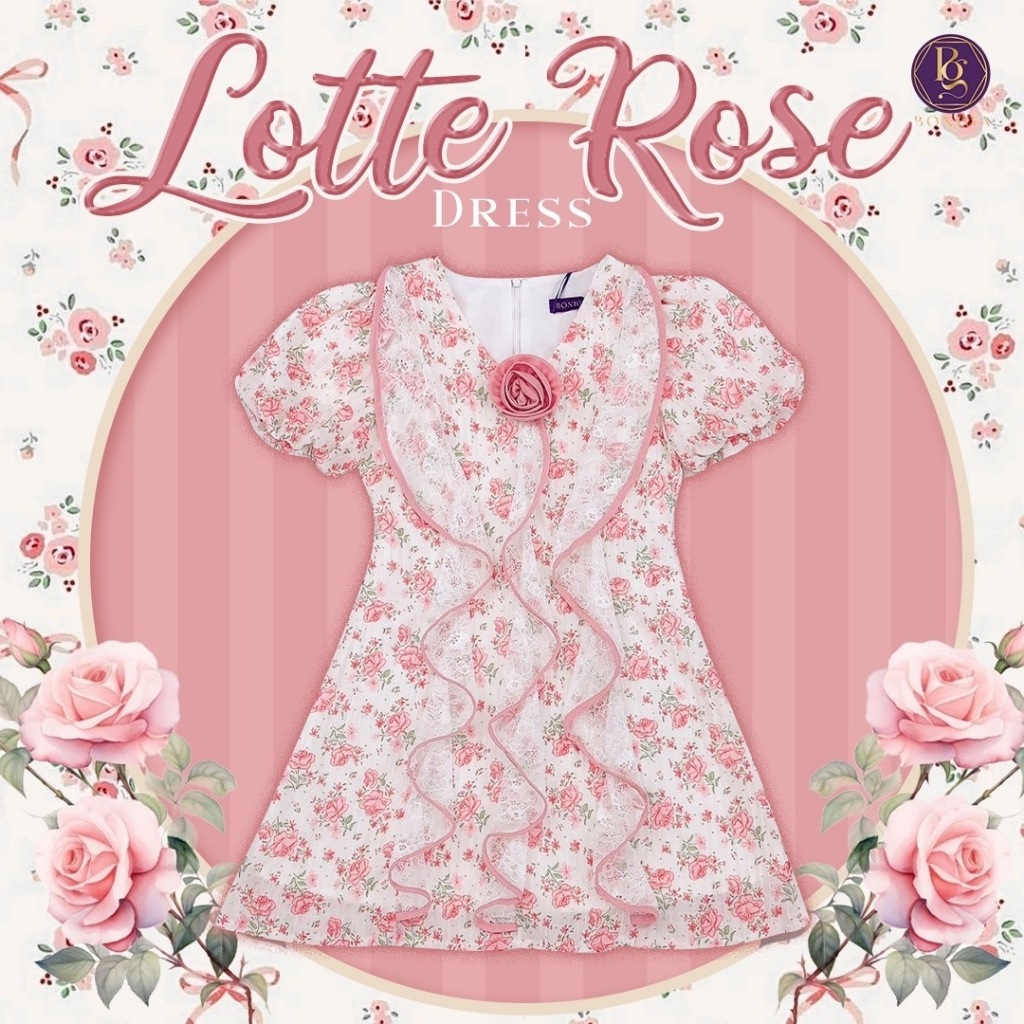 สีชมพู (มี 3XL) Lotte Rose Dress เดรสสั้นพิมพ์ลายดอกไม้ แขนตุ๊กตาสั้น ...