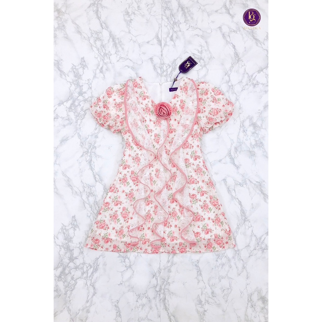 สีชมพู (มี 3XL) Lotte Rose Dress เดรสสั้นพิมพ์ลายดอกไม้ แขนตุ๊กตาสั้น ...