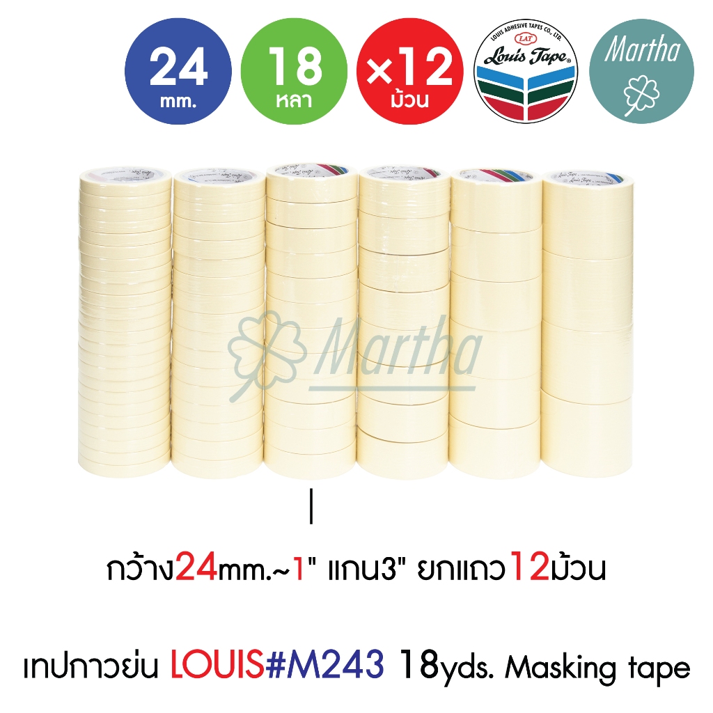 (ยกแถว) เทปย่น Louis Masking Tape M243 ยาว18หลา 1/2 3/4 1 1.5 2 3นิ้ว ...