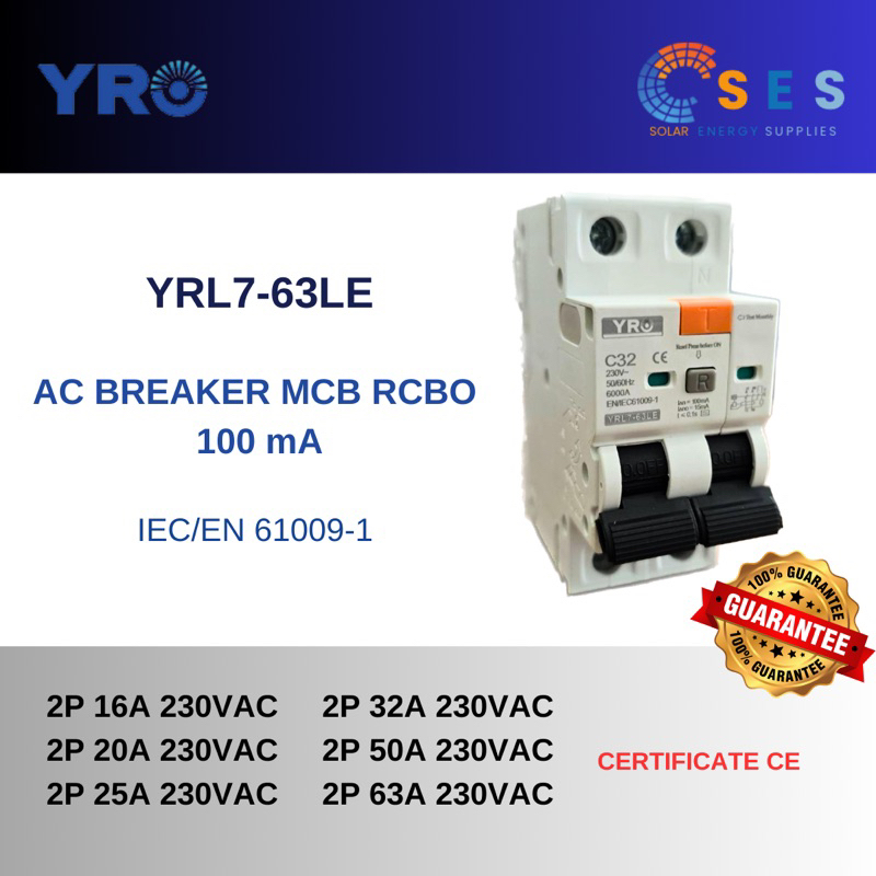 YRL7-63LE RCBO 2P 16A/20A/25A/32A/50A/63A 100ma TYPE AC | Shopee Thailand