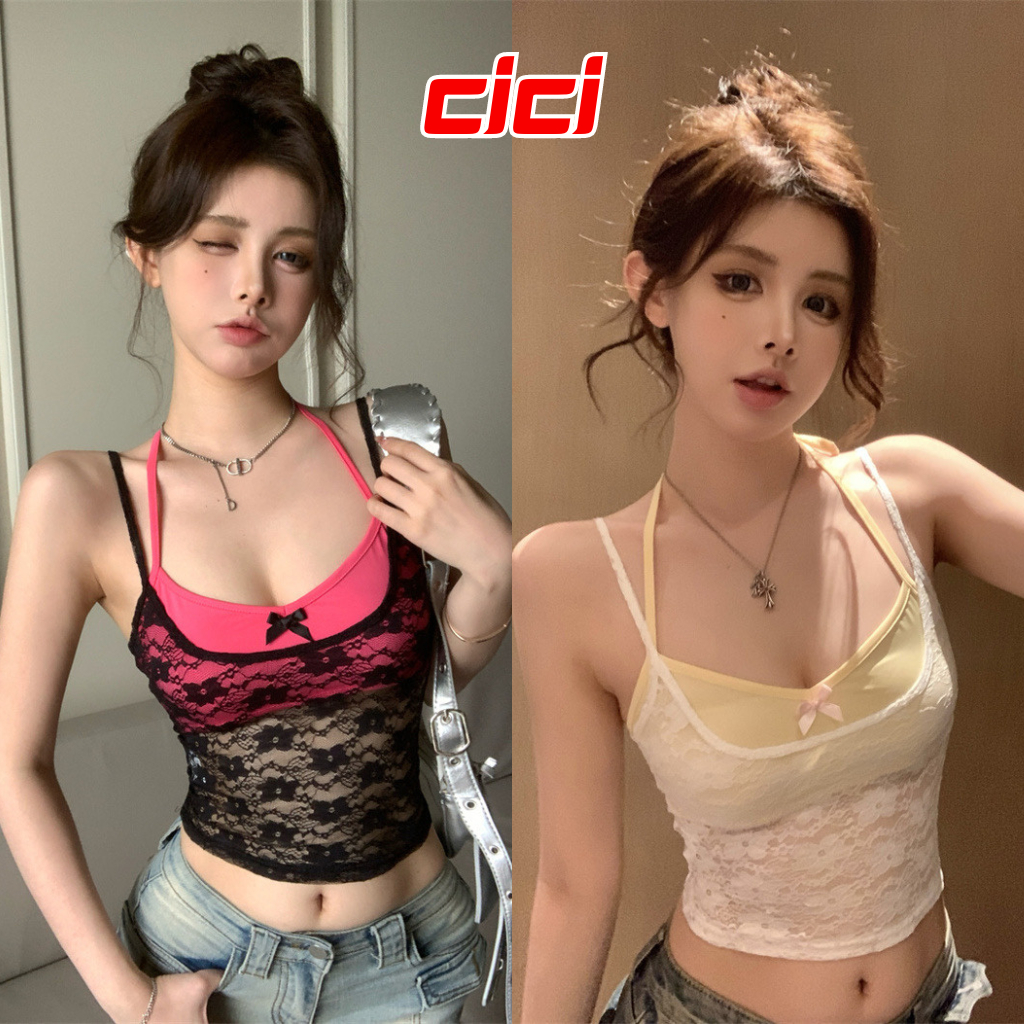 Cici(NO.J1210) Set2ชิ้น สายเดี่ยวคล้องคอ+สายเดี่ยวลูกไม้ซีทรู ดีเทลเย็บติดกัน สุดแซ่บ สายฝอห้าม ...