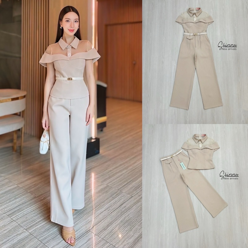 M10 งานป้าย Shimmer Set ชุดเซ็ทเสื้อ+กางเกงขายาวสีเบจ สำหรับผู้หญิง เสื้อผ้าแฟชั่นผู้หญิง ไซส์ S ...