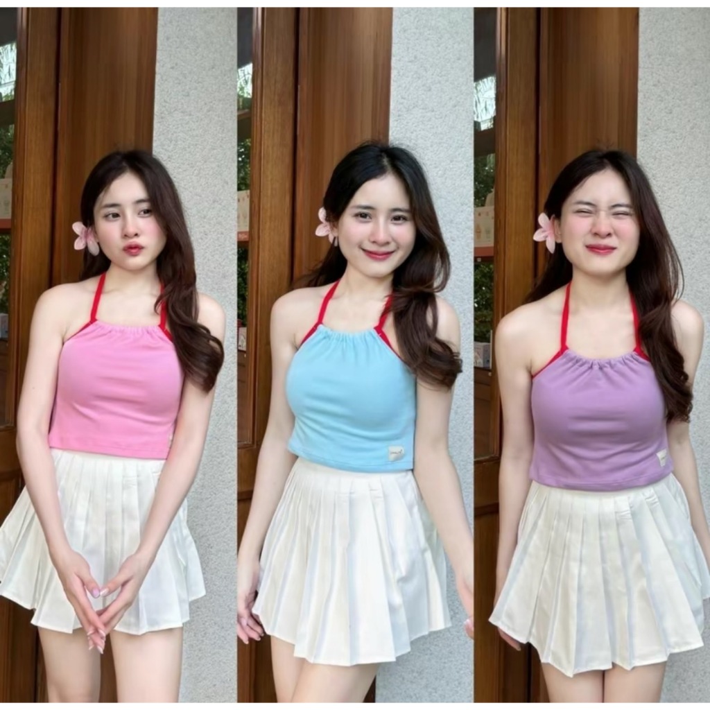 CHALYN Candy (แคนดี้) LM02 เสื้อคล้องคอแบบผูก ตกแต่งกุ๊นขอบผ้าสีแดง น่ารัก ผ้ายืดใส่สบาย สี ...